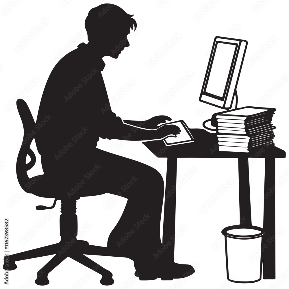 Office worker typing on a desktop computer black and white silhouette ...