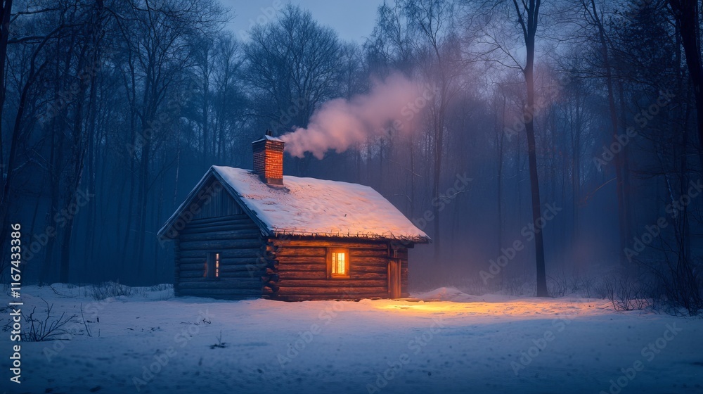 Nestled in a snowy forest, a charming rustic log cabin emits smoke from its chimney and warmth ...