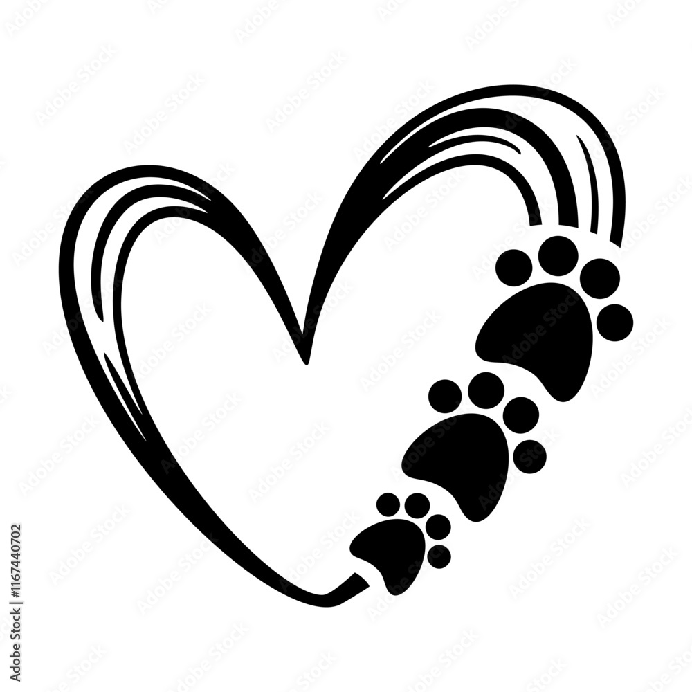 Artistic black heart with three paw prints silhouette, with rounded ...