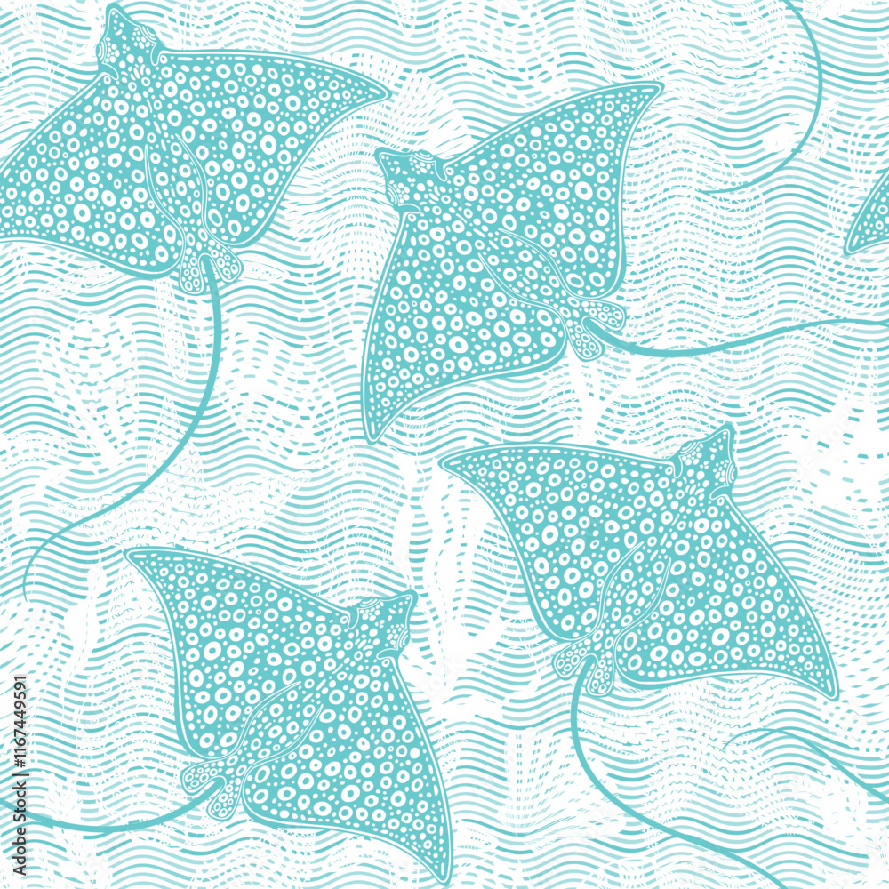 Stingrays and sea creatures on waves background. Art seamless pattern ...