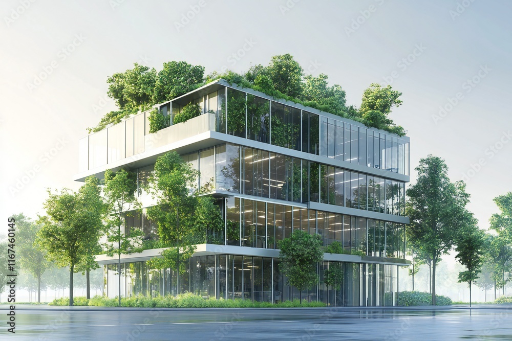 Zdjęcie bez tantiem: Modern glass office building with big trees around ...
