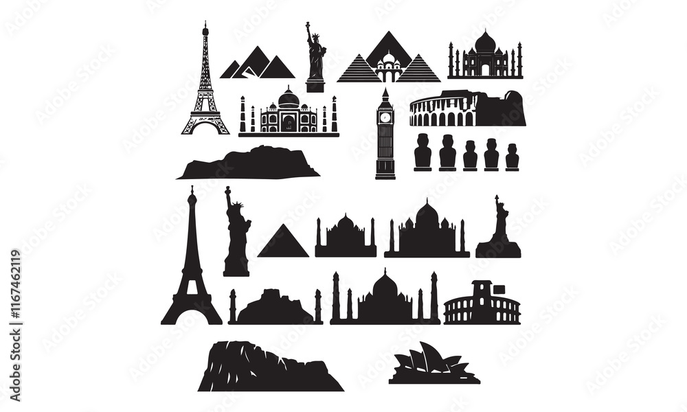Famous Landmarks Silhouette Vector Set - Iconic Global Architecture ...