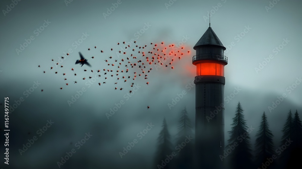 Swarm of luminescent bioluminescent insects drawn to a dense undulating ...