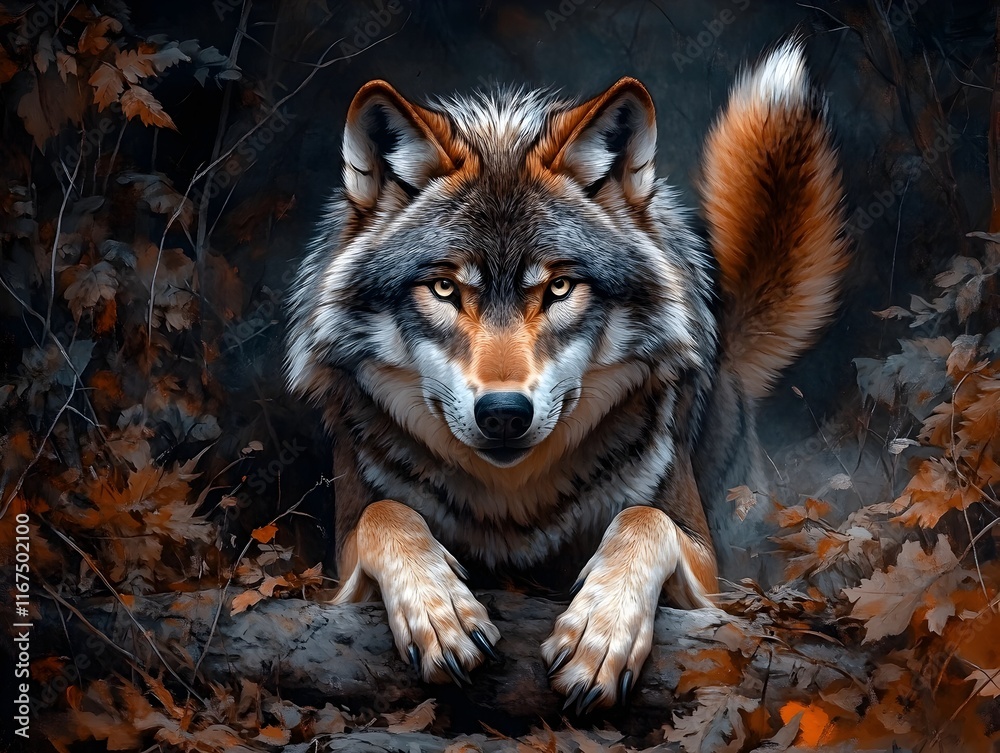 Fierce powerful wolf asserting its dominance with raised tail and alert ...