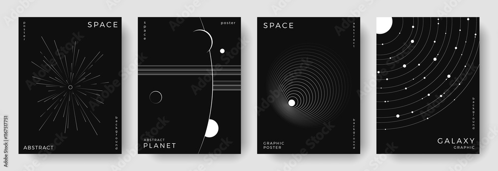 Set of abstract space astronomy backgrounds. Line art planet, galaxy ...