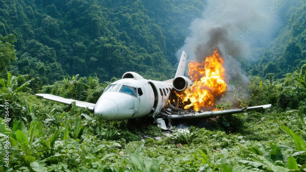 Plane crash incident dense jungle disaster scene fiery wreckage aerial ...