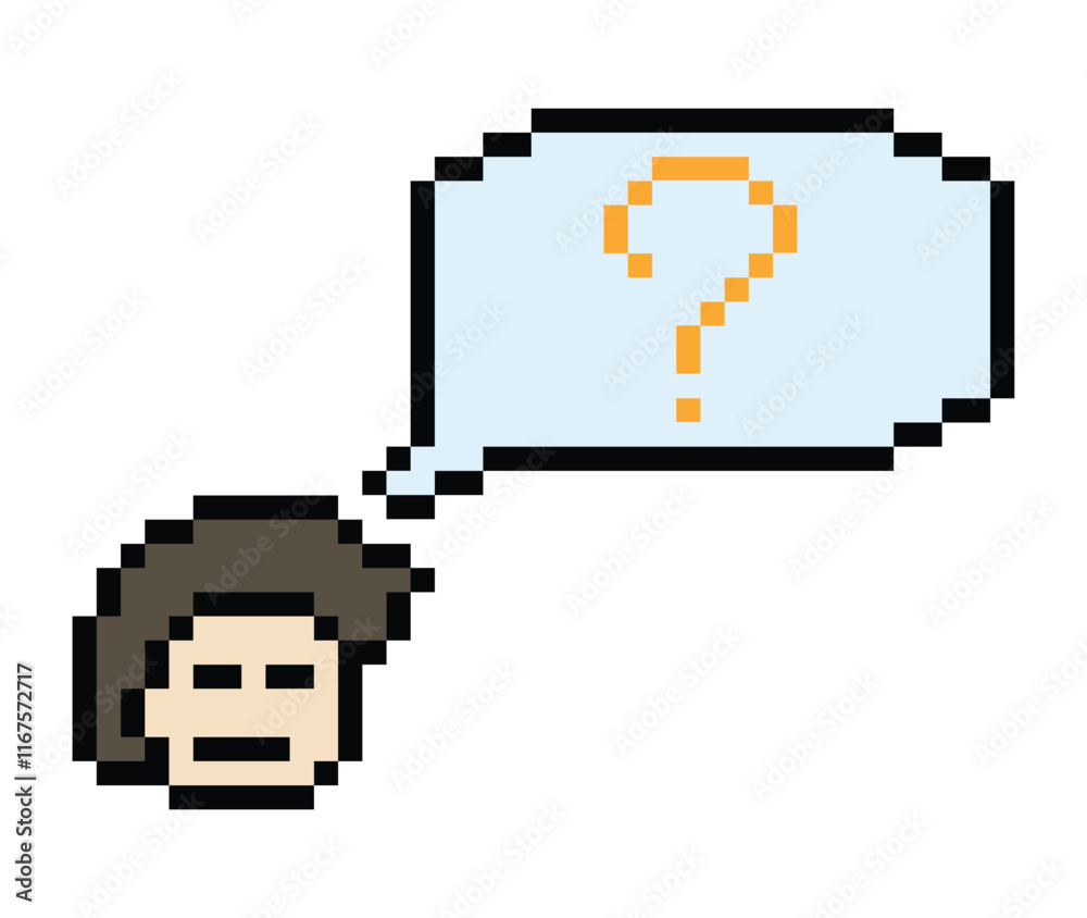 Cute pixel cartoon character man with question mark decoration 8 bit ...