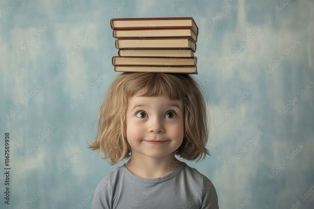 Child balancing books on head showcases focus and balance in playful ...