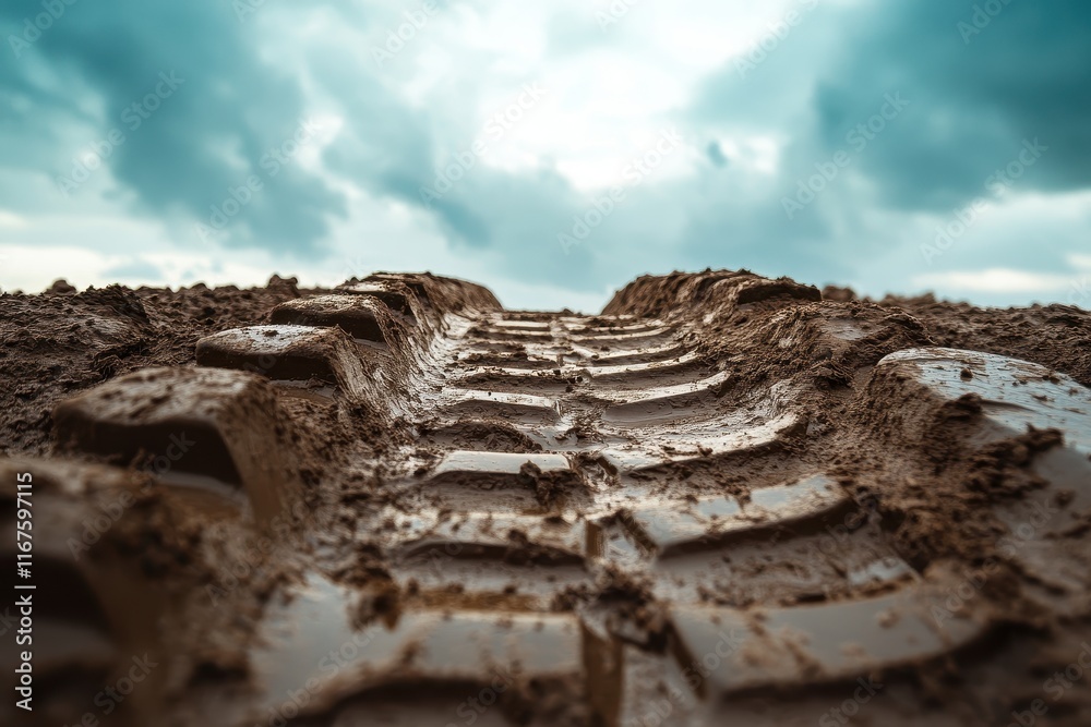 Muddy tire track in a rugged outdoor environment, symbolizing adventure ...
