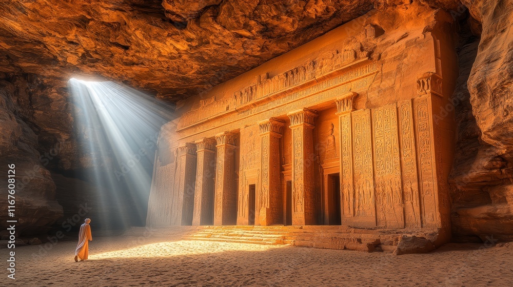 Monotheism Lone pilgrim journeying towards ancient temple carved into ...