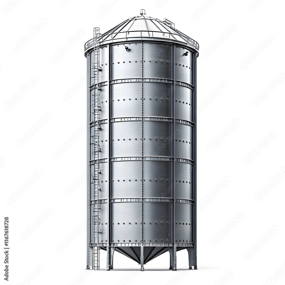 Large metallic grain silo, cylindrical industrial structure, corrugated ...