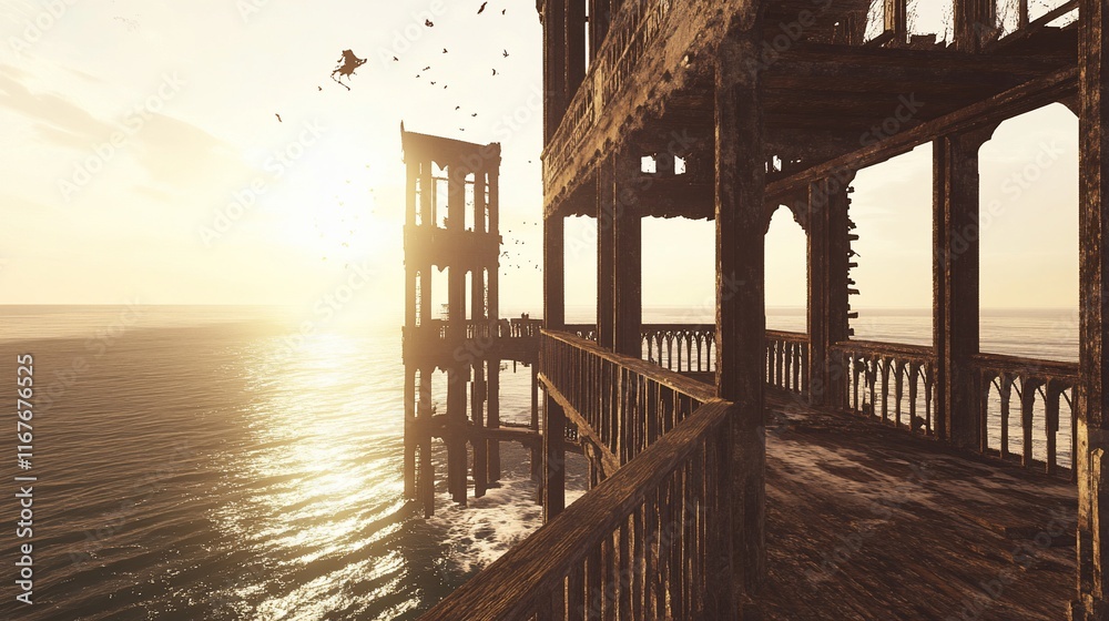 Sunlit ruins of a seaside mansion, weathered wood, collapsing structure ...