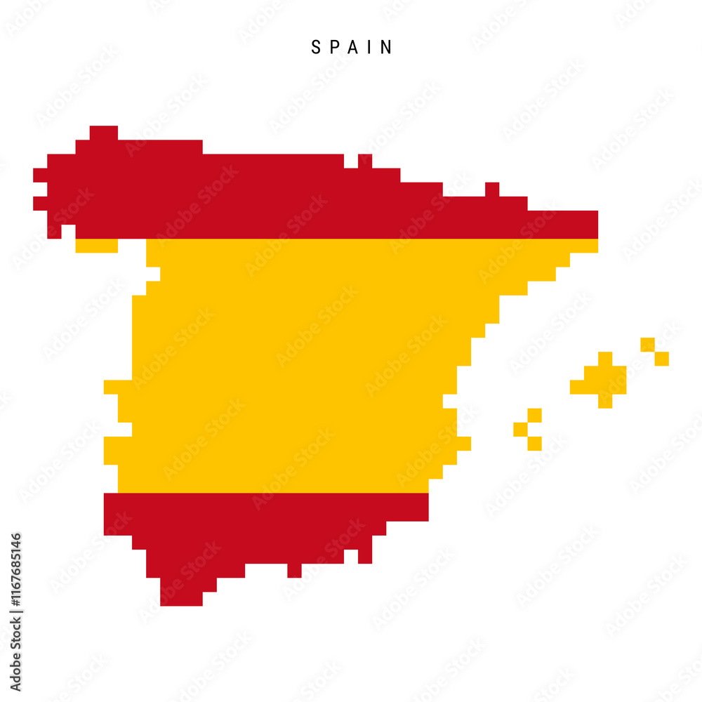 Spain pixel flag map icon. 8 bit pixel art Spanish map covered with ...