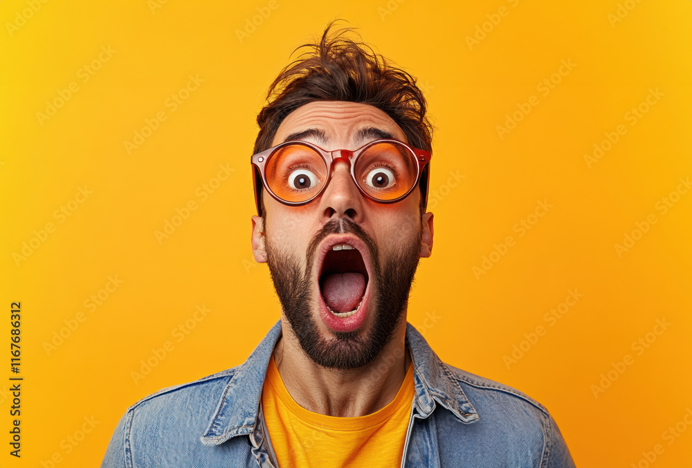 Surprising reaction of a man with glasses yellow background facial ...