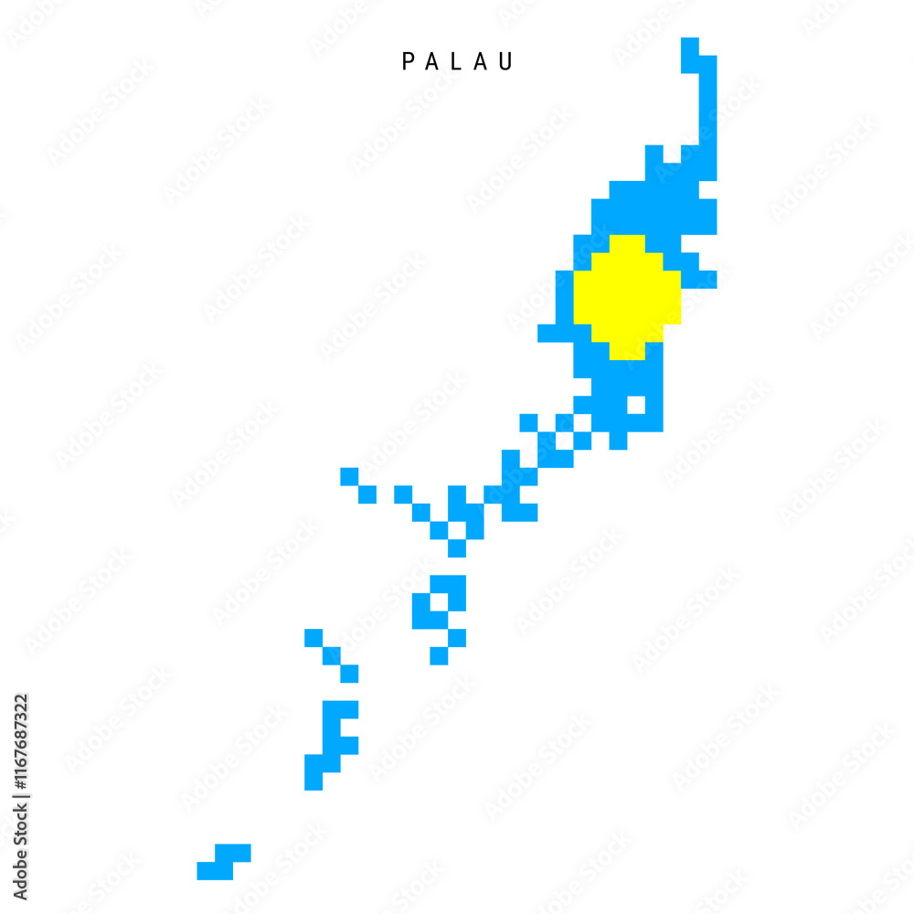 Palau pixel flag map icon. 8 bit pixel art Palauan map covered with flag. Flat vector ...