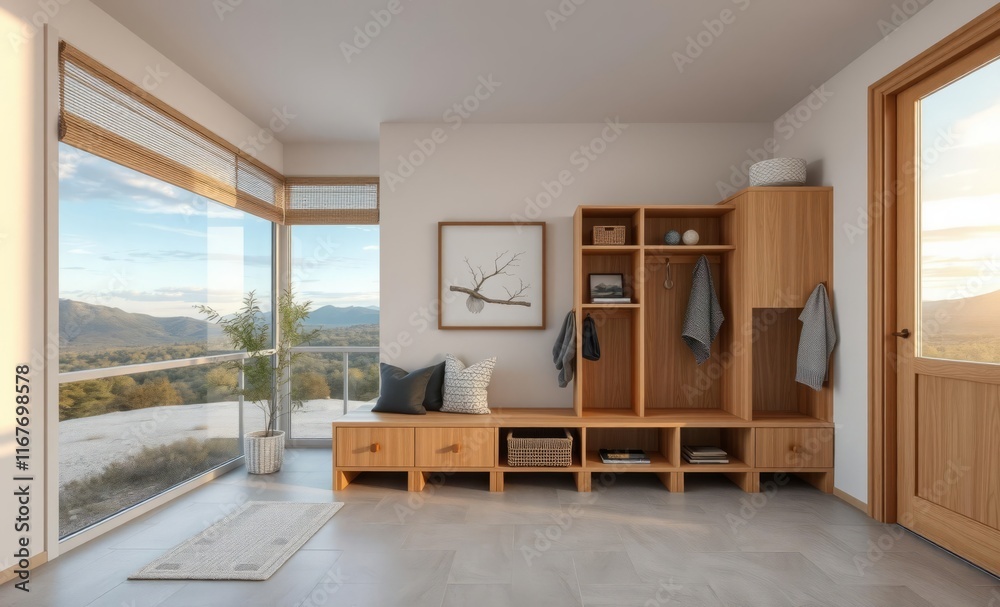 Serene japandi mudroom with light wood bench and organized storage in ...