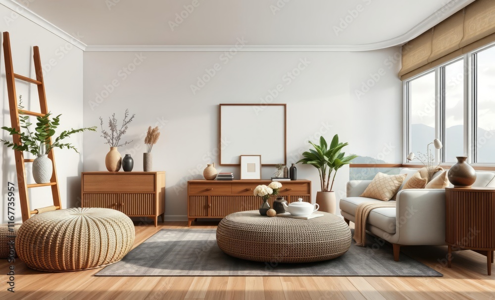 Cozy modern living room, warm earth tones, white brick wall, wooden ...