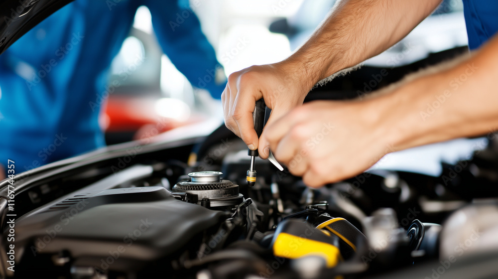 Mechanic at work, hands adjusting the engine components of a car in a ...