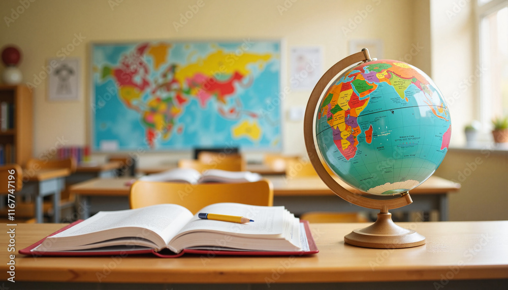 Tidy teacher's desk with globe and books in classroom, learning ...