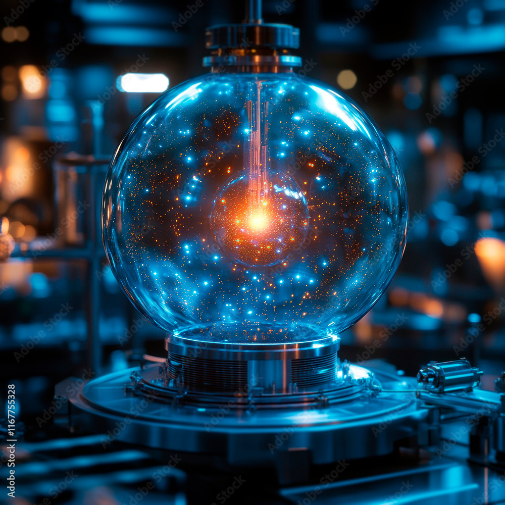 Image shows a metallic vacuum chamber with blue lights and a glowing ...