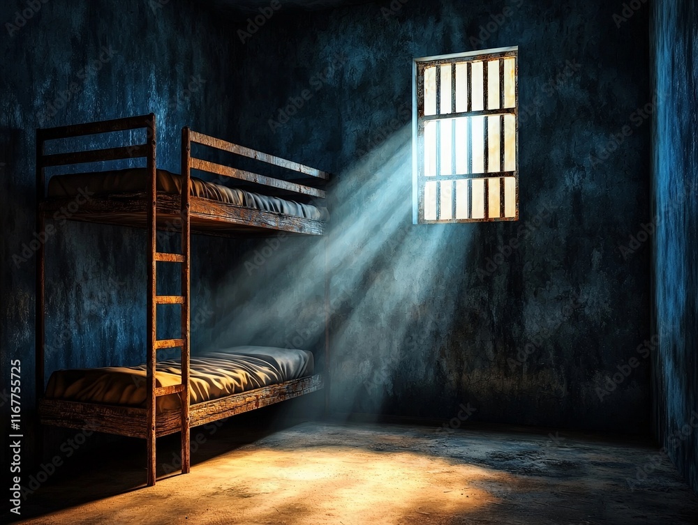 Weathered Empty Prison Cell Featuring a Single Bunk Bed with Light ...