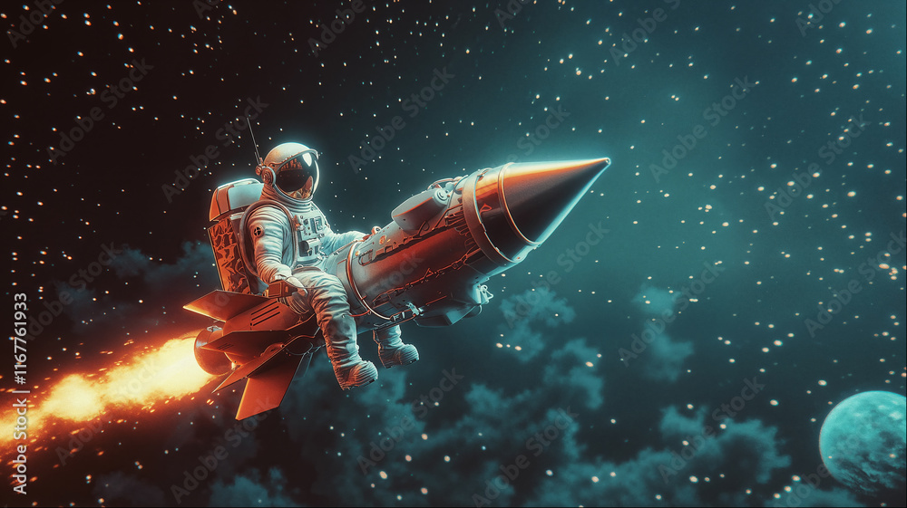 Astronaut riding a vintage rocket through a colorful starry space ...