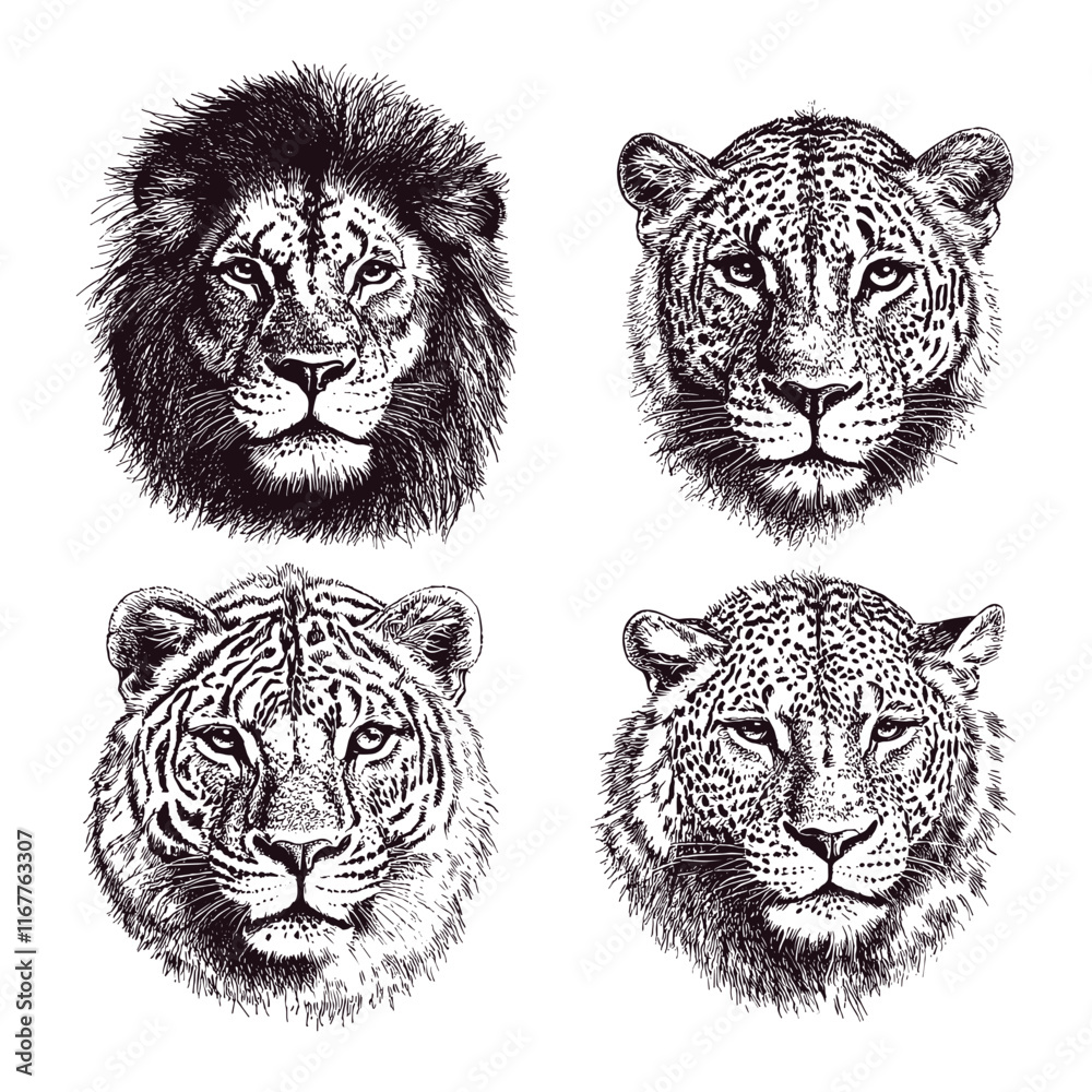 Lion Tiger Gepard Leopard Portrait Engraving Illustration White Wild ...