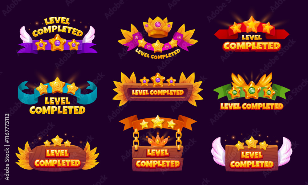 Vector de Stock Game level complete. Completed gaming map or victory ...