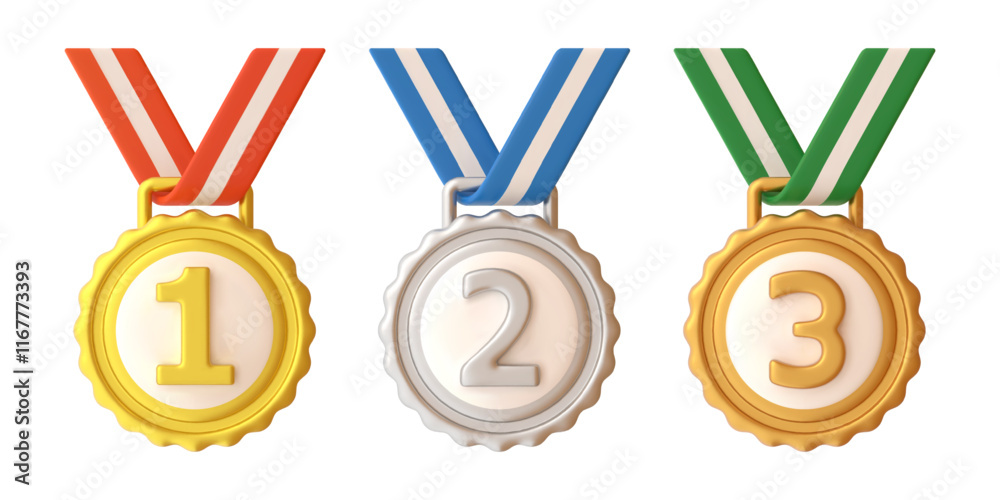 Vector de Stock 3d medal places. Sport champion medals on ribbon, first ...