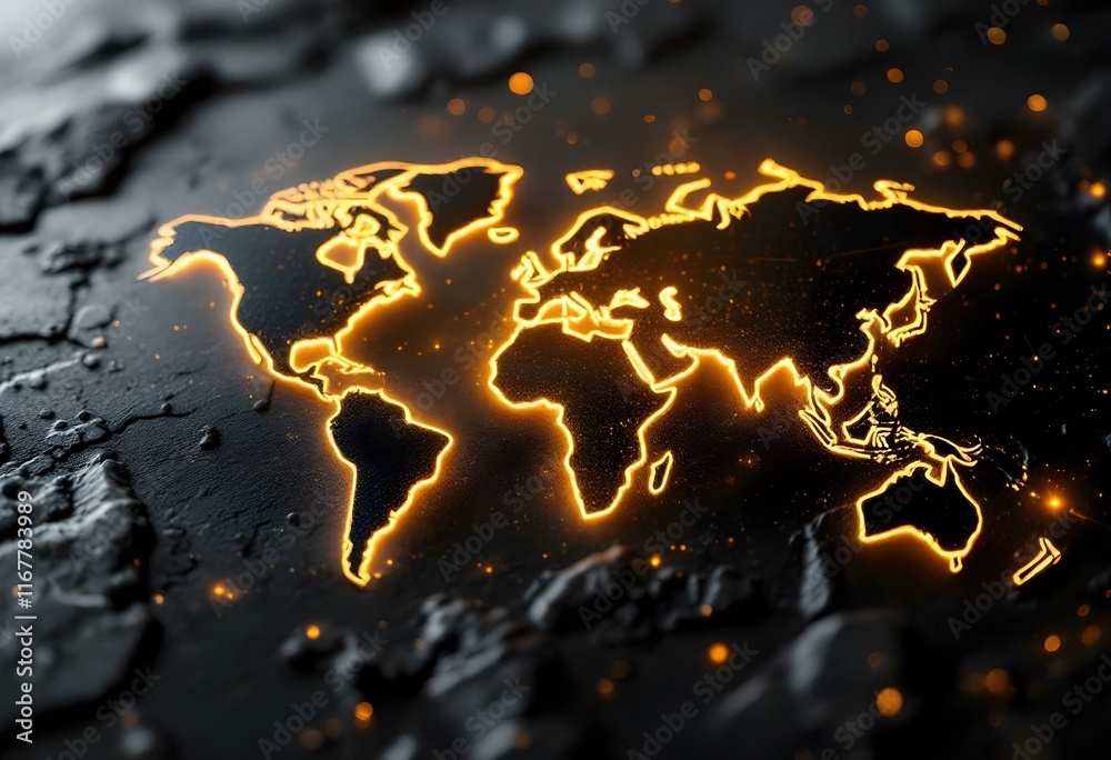 Glowing golden world map with neon borders on dark textured background ...