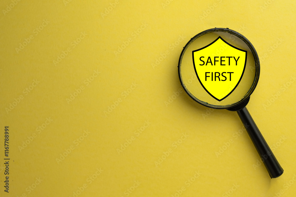 Safety first concept.,Safety first under magnifying glass design ...
