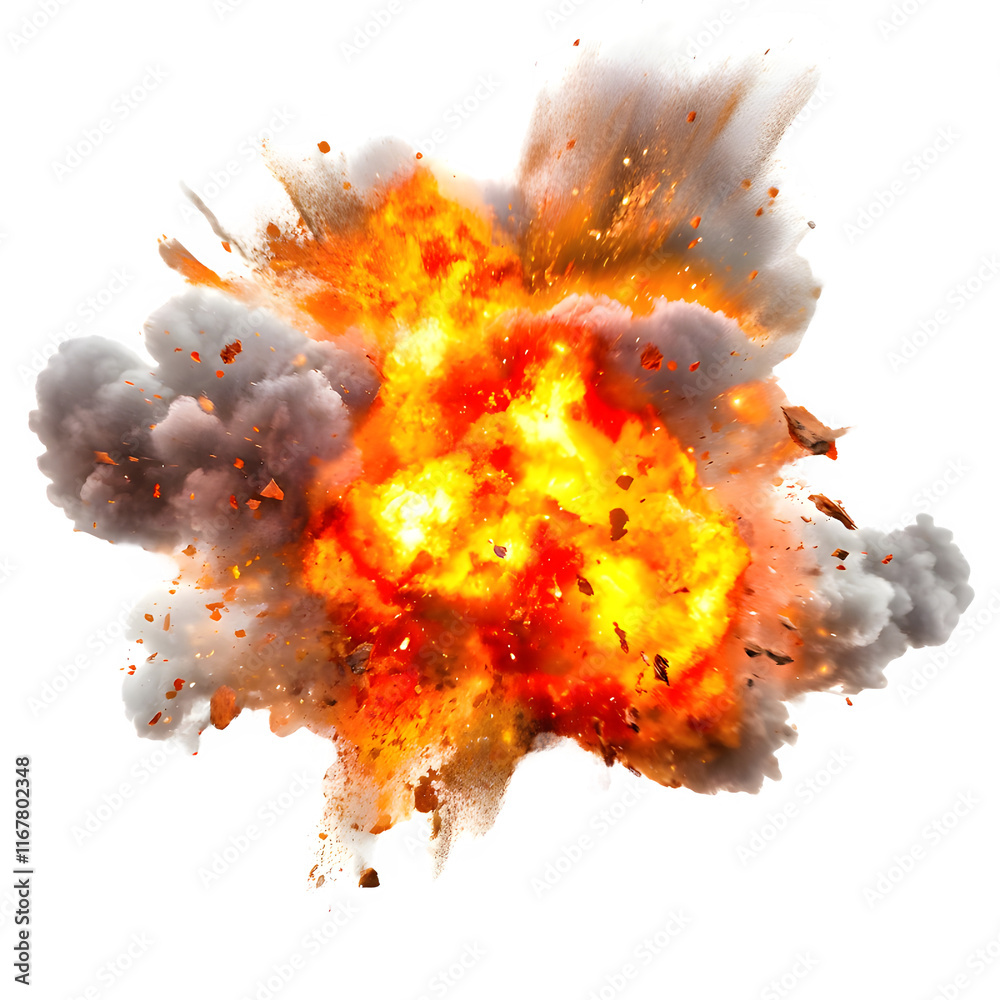 dynamite: explosion with fire flames, dust and fragments on transparent ...