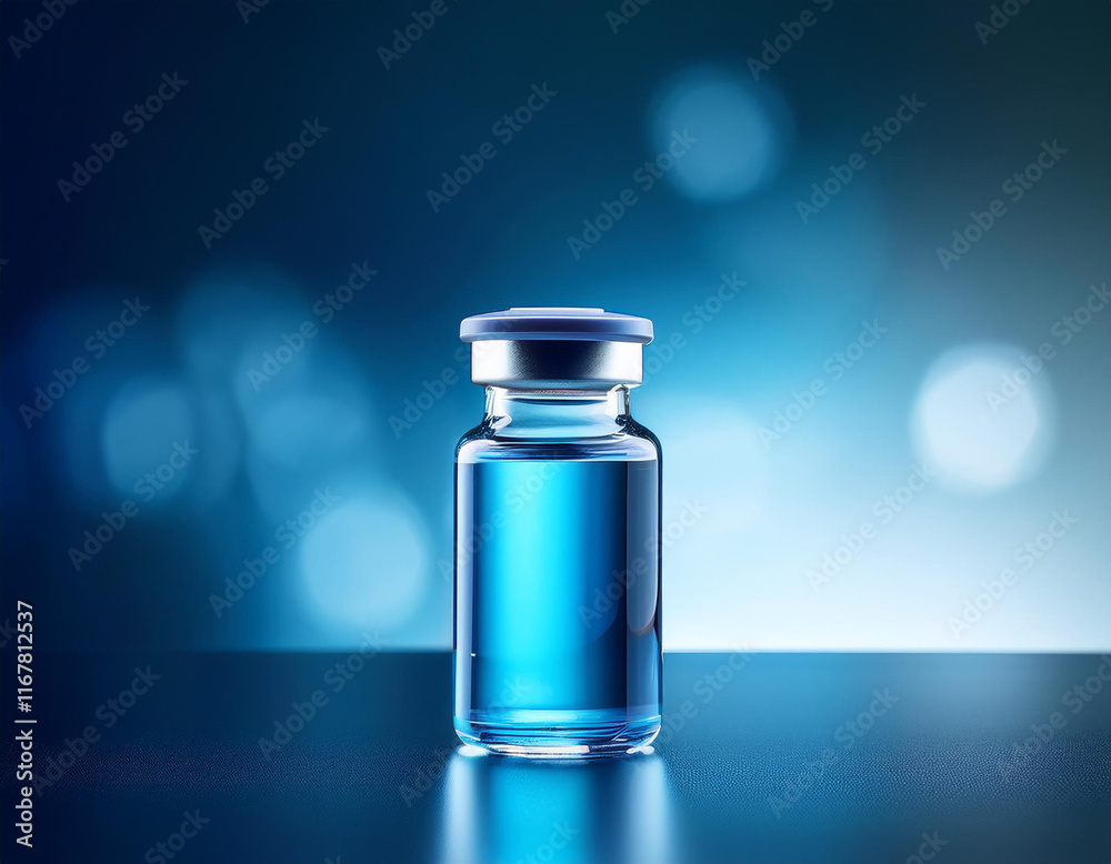 medical vial for injection on blurred background vaccine vial with blue ...