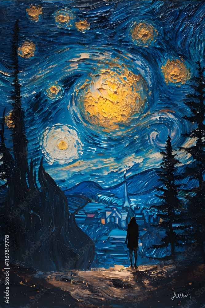 Ilustración de Stock Ladys silhouette under a starry night mountain ...
