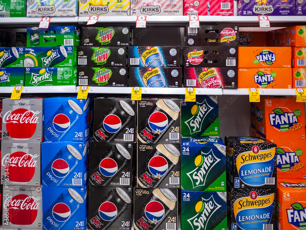 A supermarket shelf in Australia displays a variety of soft drink ...
