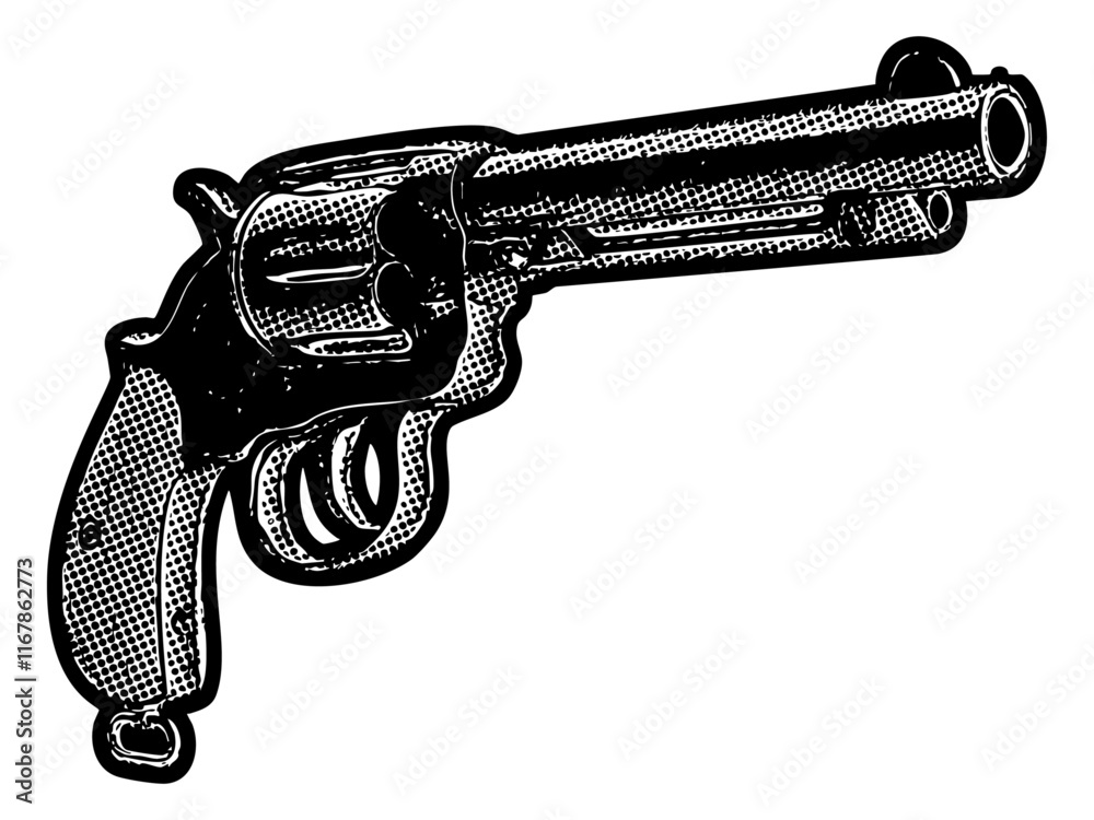 Classic revolver gun illustration in retro black and white halftone ...