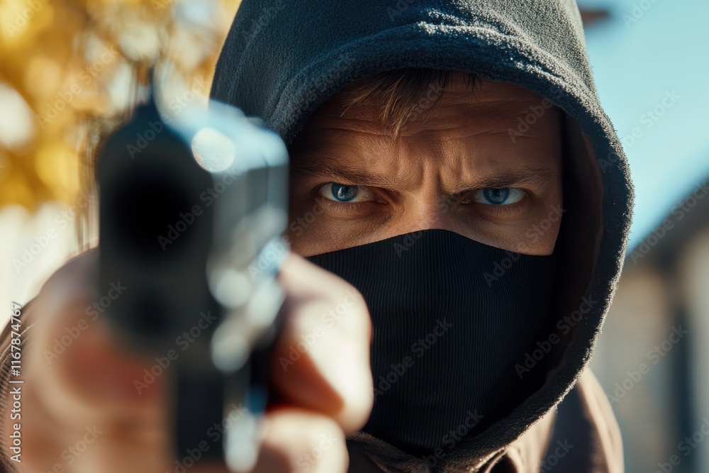 Intense moment of confrontation as a masked figure points a gun in a ...