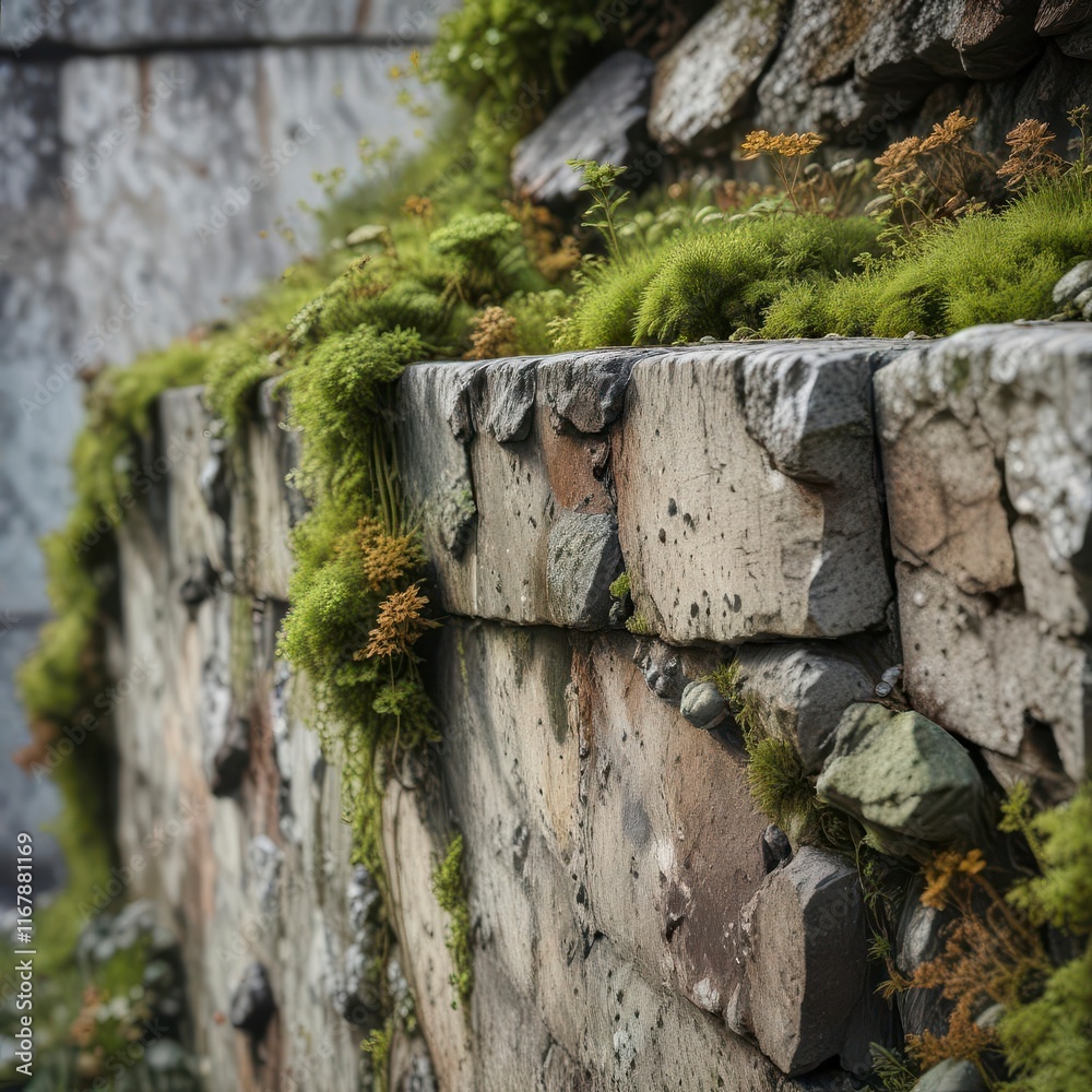 Weathered concrete with moss and lichen growth, decay, nature ...