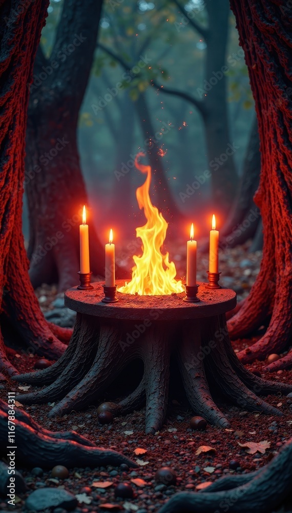 Dark hellfire altar with candles and twisted roots, fiery chaos ...