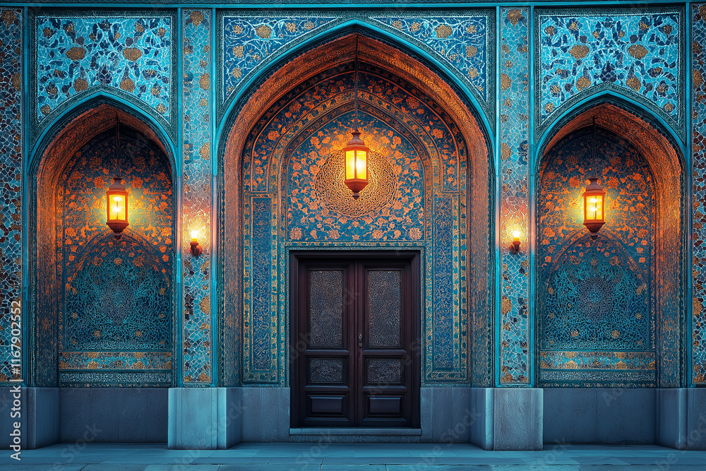 An ornate prayer niche (mihrab) adorned with vibrant tiles and Arabic ...