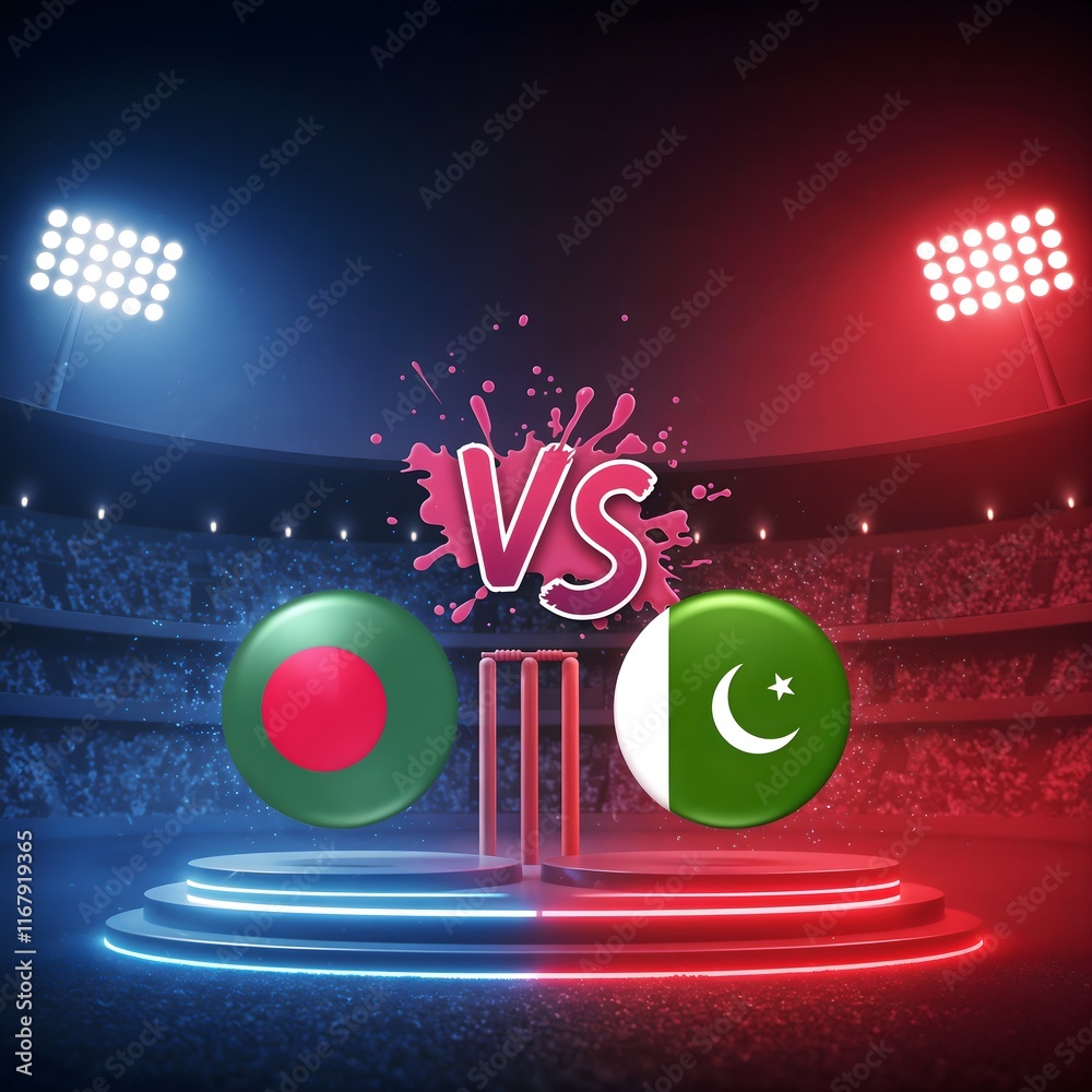 Glowing cricket match design with Pakistan and Bangladesh 3D flags ...