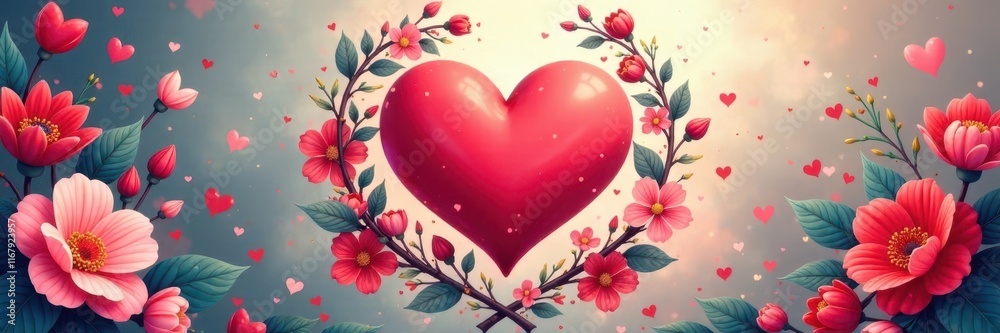 Stylized animated heart, vibrant floral wreath lower third , pulse ...