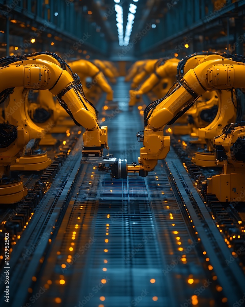 Robotic arms assembling parts on an automated production line. Stock ...