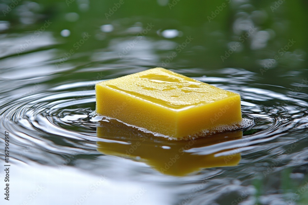 Yellow Cleaning Sponge Floating on Calm Water Surface with Ripples ...