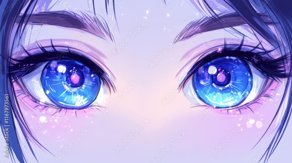 Anime Eyes with Sparkling Blue Reflections | Close Up Illustration of ...