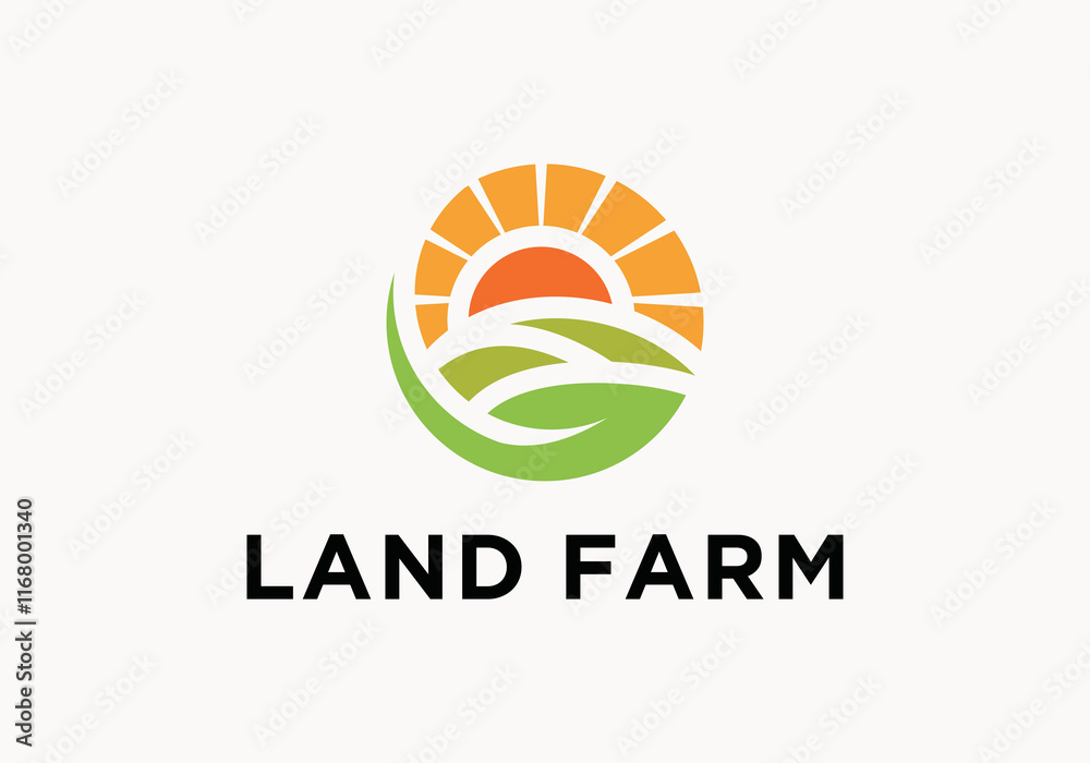 landscape with sun and leaves logo in circle, creative agriculture ...