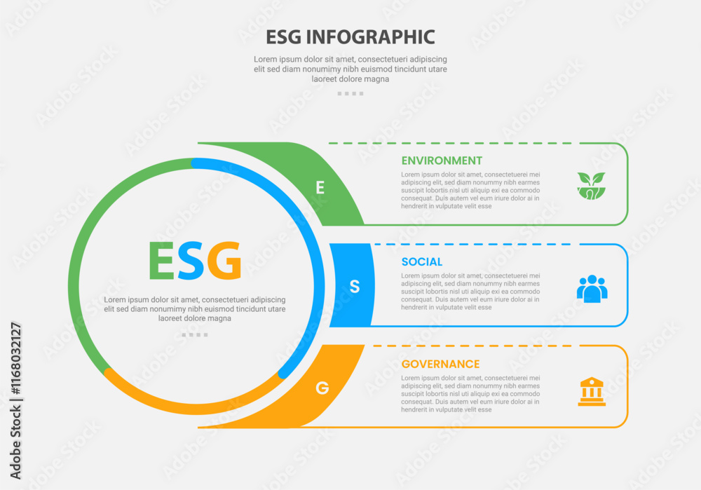 ESG infographic outline style with 3 point template with big circle and fluid rectangle box ...