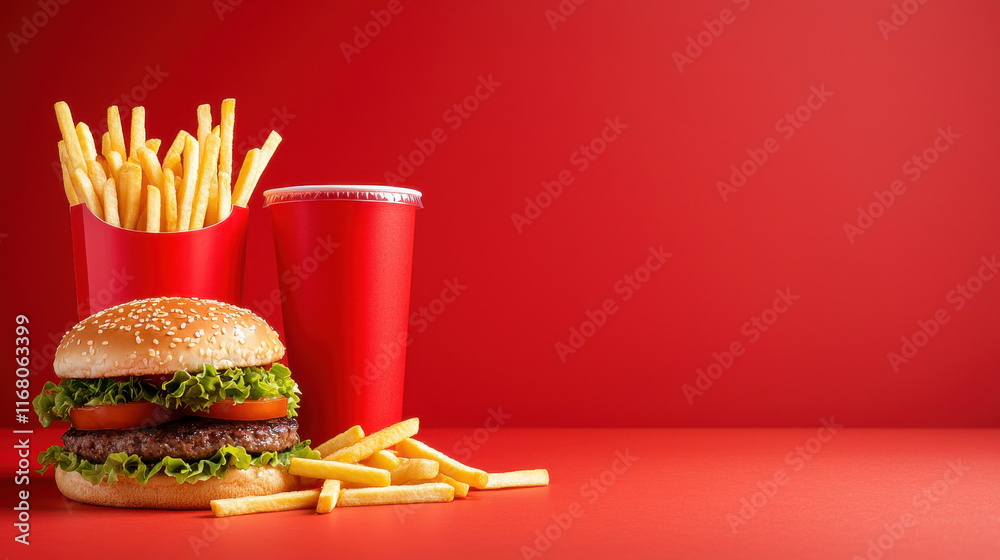 vibrant display of fast food featuring burger, fries, and drink against ...