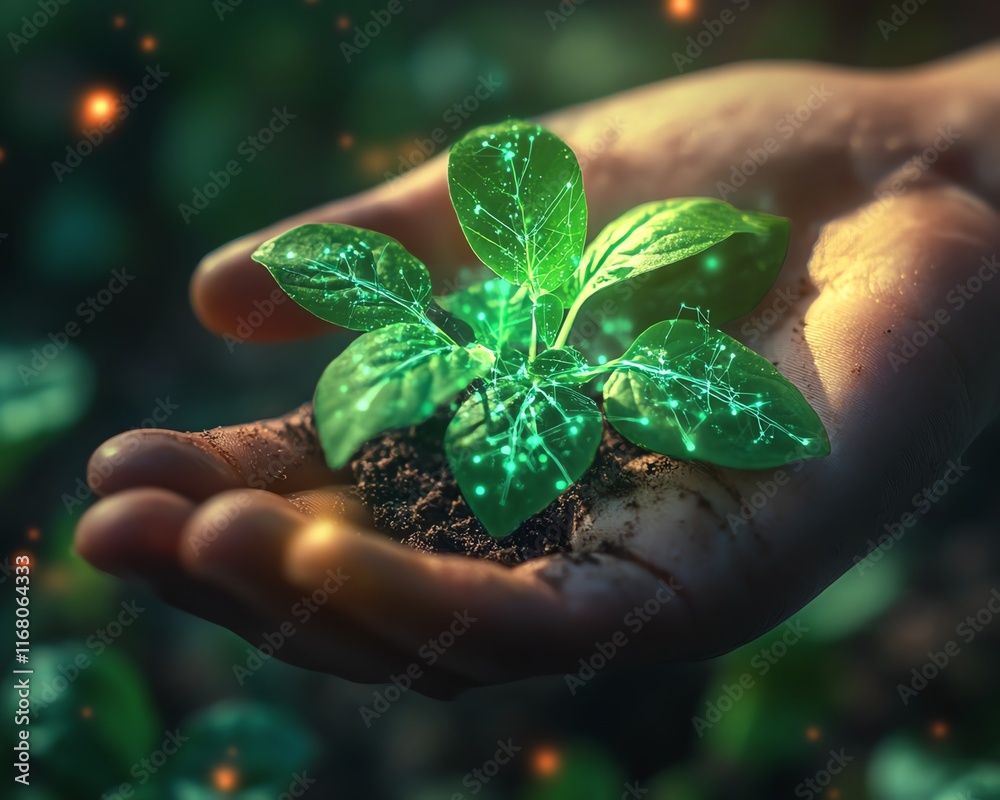 Hand holding young plants with digital graphics of smart farming ...
