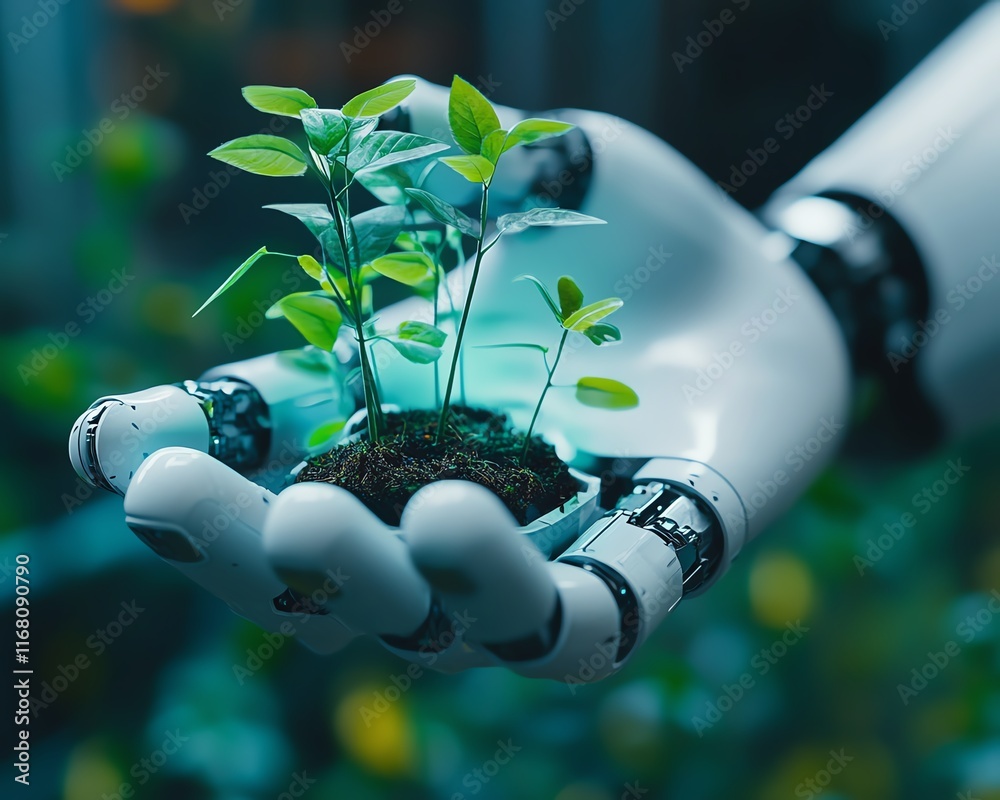 Robot hand holding small plants with environment icon, SDGs concept ...